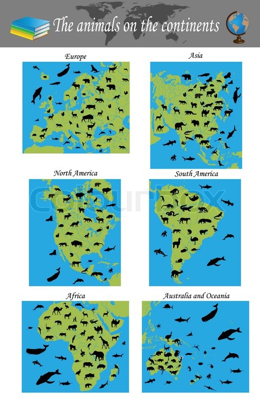 Animals on the maps of continents and ... | Stock vector | Colourbox
