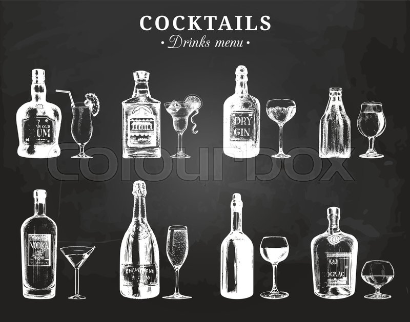 Hand sketched bottles and glasses of ... | Stock vector | Colourbox