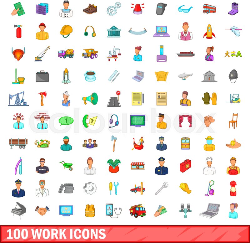 100 work icons set in cartoon style ... | Stock vector | Colourbox