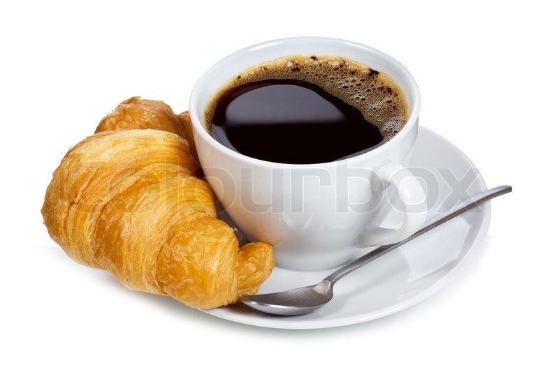 Kaffee und Gipfeli auf einem weißen Hintergrund | Stockfoto | Colourbox