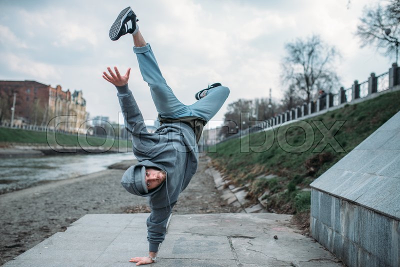 Breakdance performer, upside down ... | Stock image | Colourbox