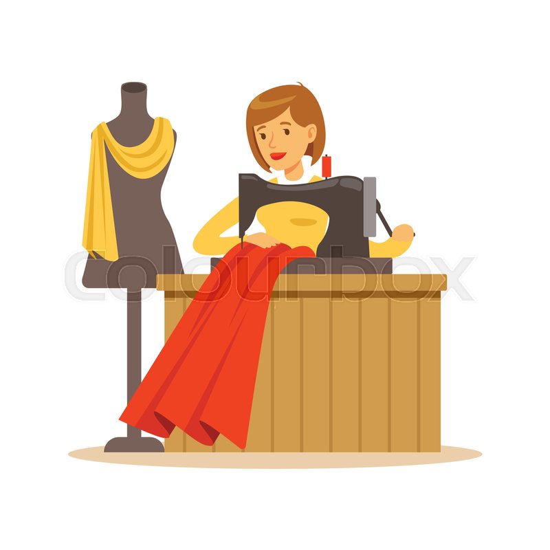 Woman tailor sewing a red dress, craft ... | Stock vector | Colourbox