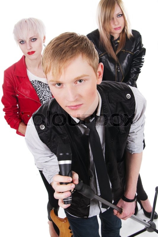 Teenage rock band against white ... | Stock image | Colourbox