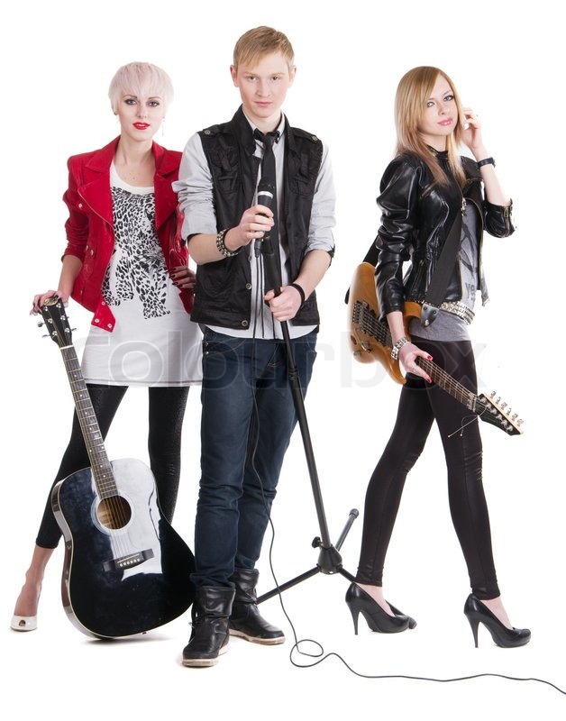 Teenage rock band against white ... | Stock image | Colourbox