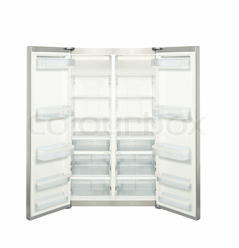Fridge with open door isolated on white | Stock Photo | Colourbox