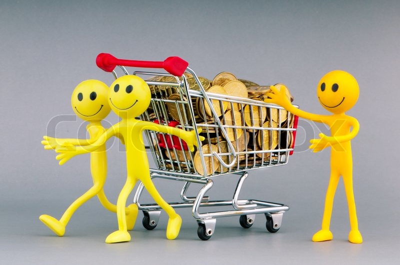 Smilies mit Warenkörben und Münzen | Stock Bild | Colourbox