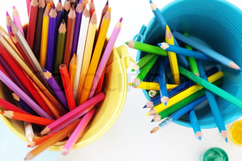 Colorful pencils in storage buckets | Stock image | Colourbox