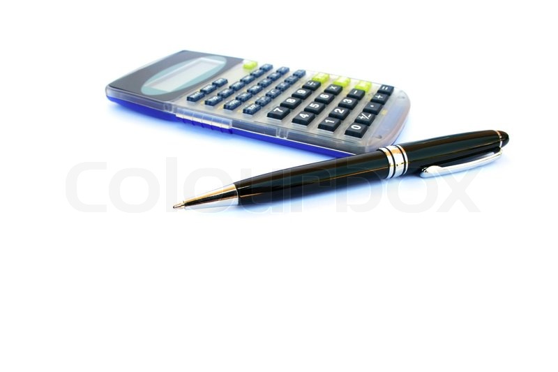Calculator and pen isolated on white ... | Stock image | Colourbox