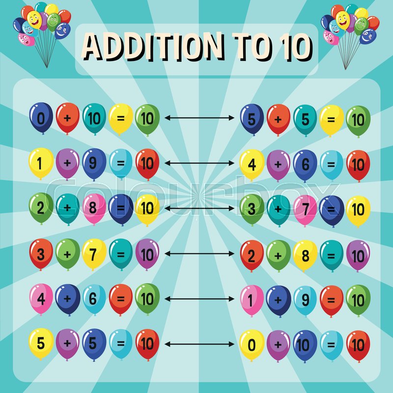 Addition to ten worksheet on blue ... | Stock vector | Colourbox