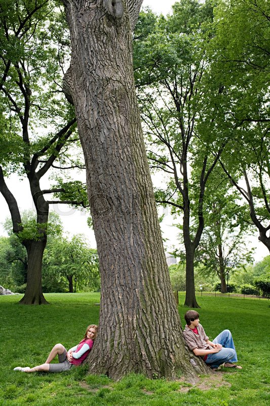 Teenagers sitting against a tree | Stock image | Colourbox