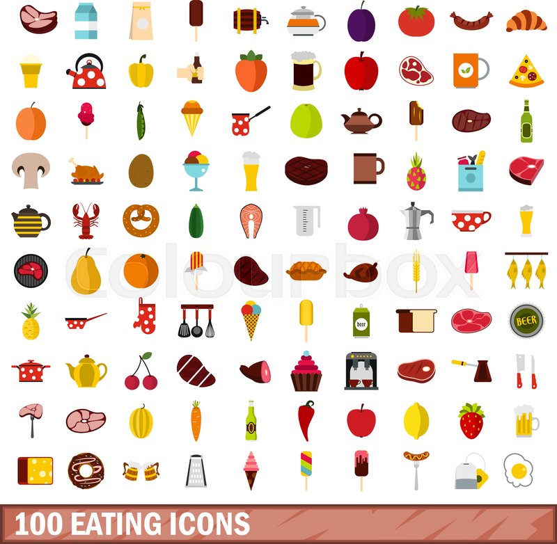 100 eating icons set in flat style for ... | Stock vector | Colourbox