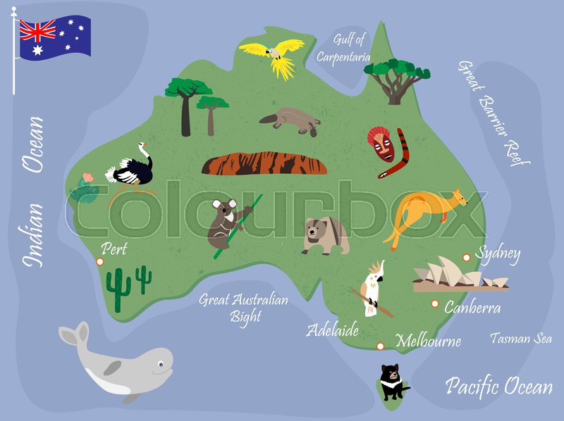 Australian map with wild animals and ... | Stock vector | Colourbox