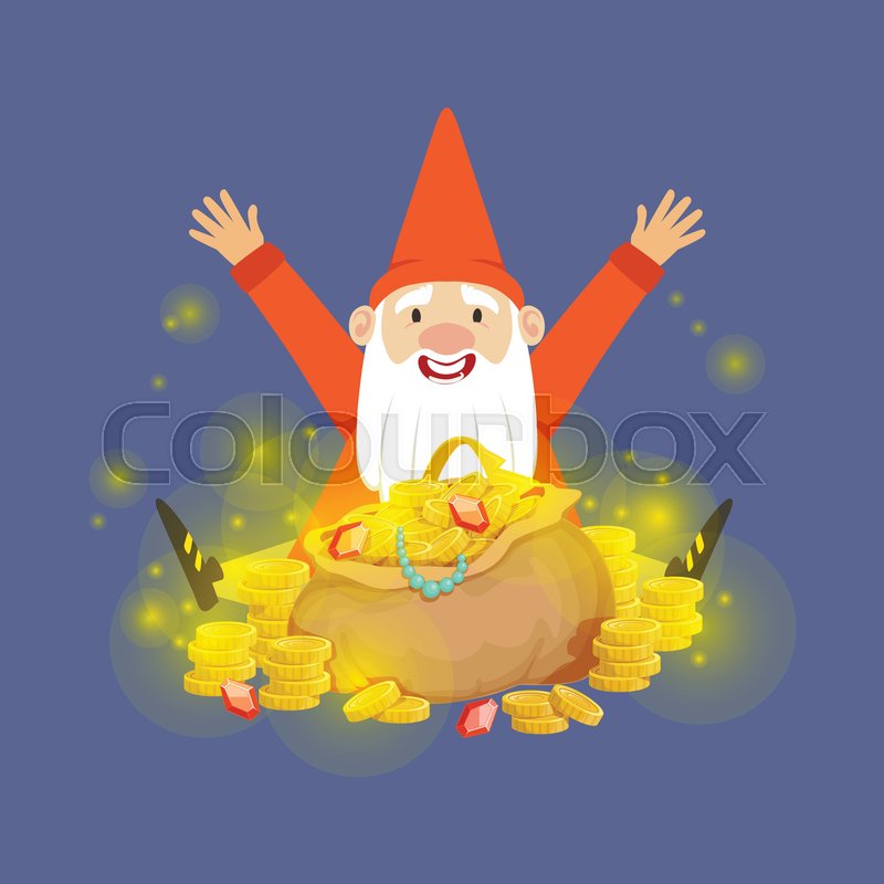 Cute happy dwarf sitting on a gold ... | Stock vector | Colourbox