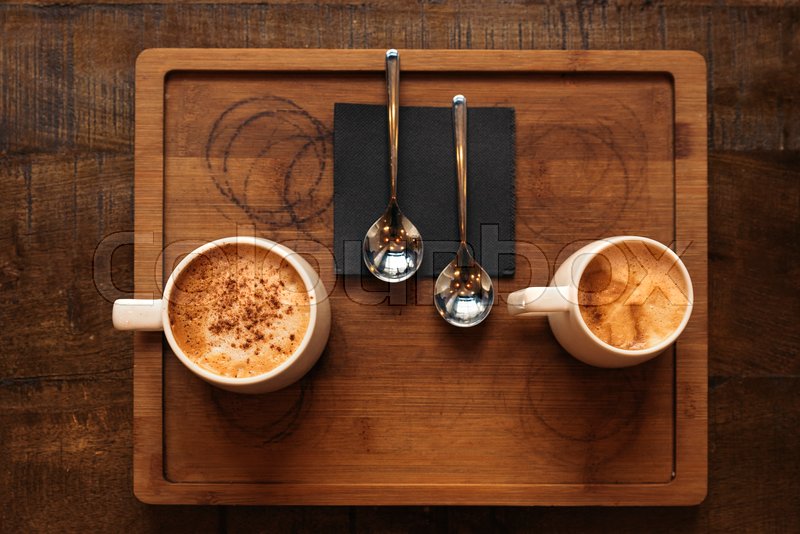 Tray with delicious coffees in the bar. | Stock image | Colourbox