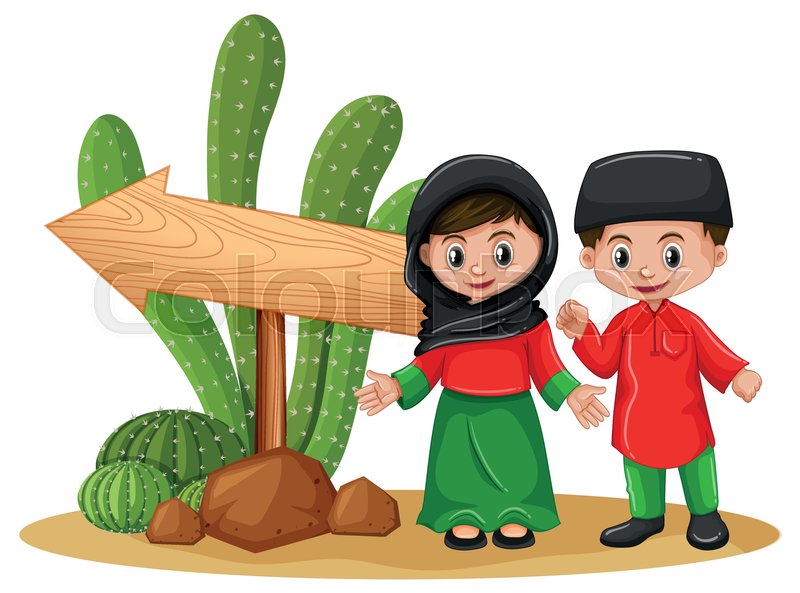 Muslim kids and wooden arrow ... | Stock vector | Colourbox