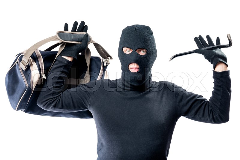 Robber with a bag and a crowbar raised ... | Stock image | Colourbox
