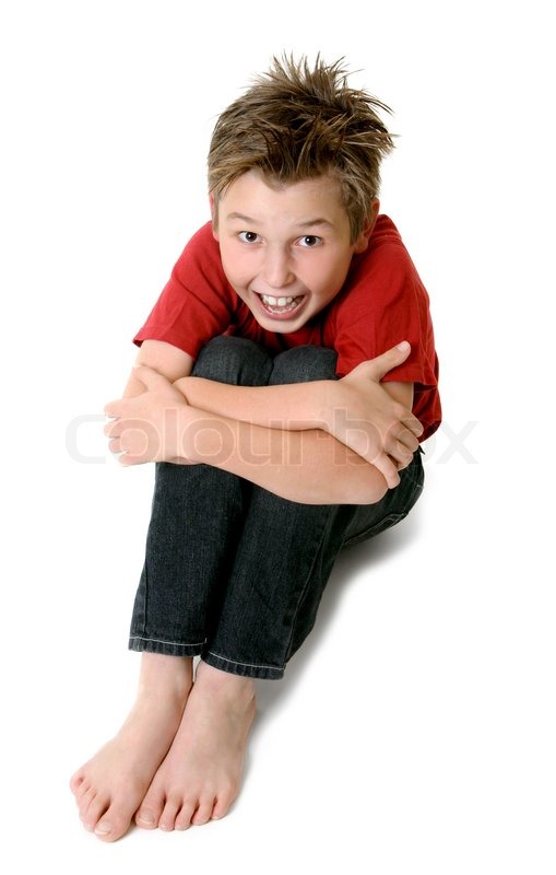 Sitting boy wearing jeans and red ... | Stock image | Colourbox