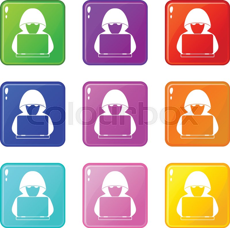 Computer hacker with laptop icons of 9 ... | Stock vector | Colourbox