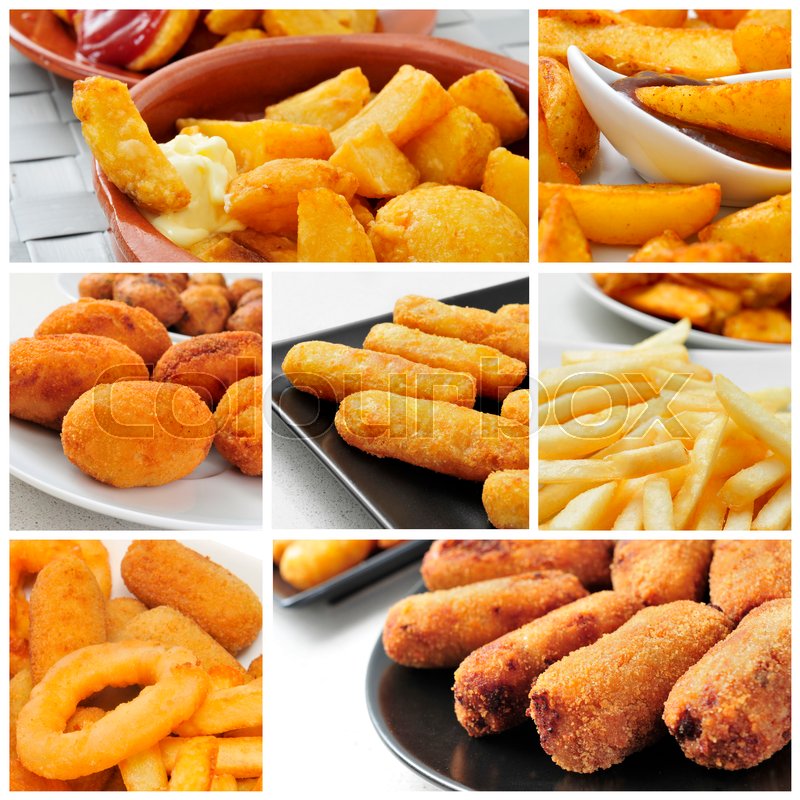 A collage of different fried food, such ... | Stock image | Colourbox