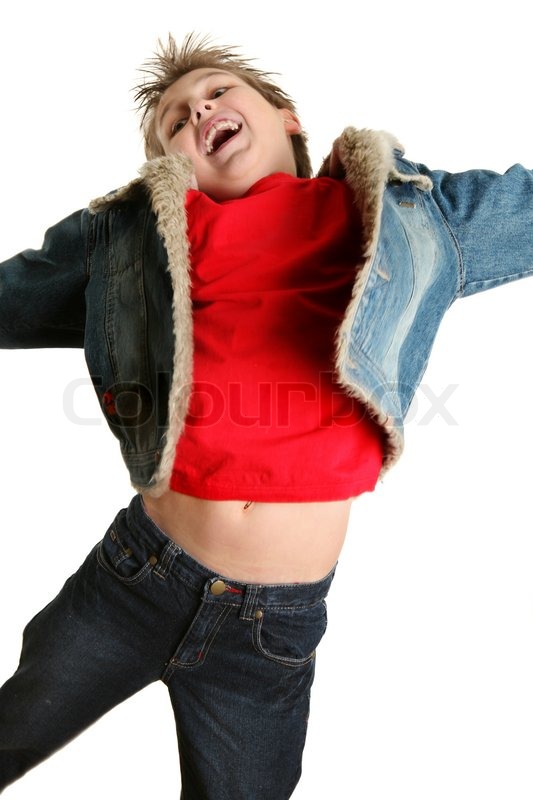 Ecstatic energetic boy leaping into the ... | Stock image | Colourbox