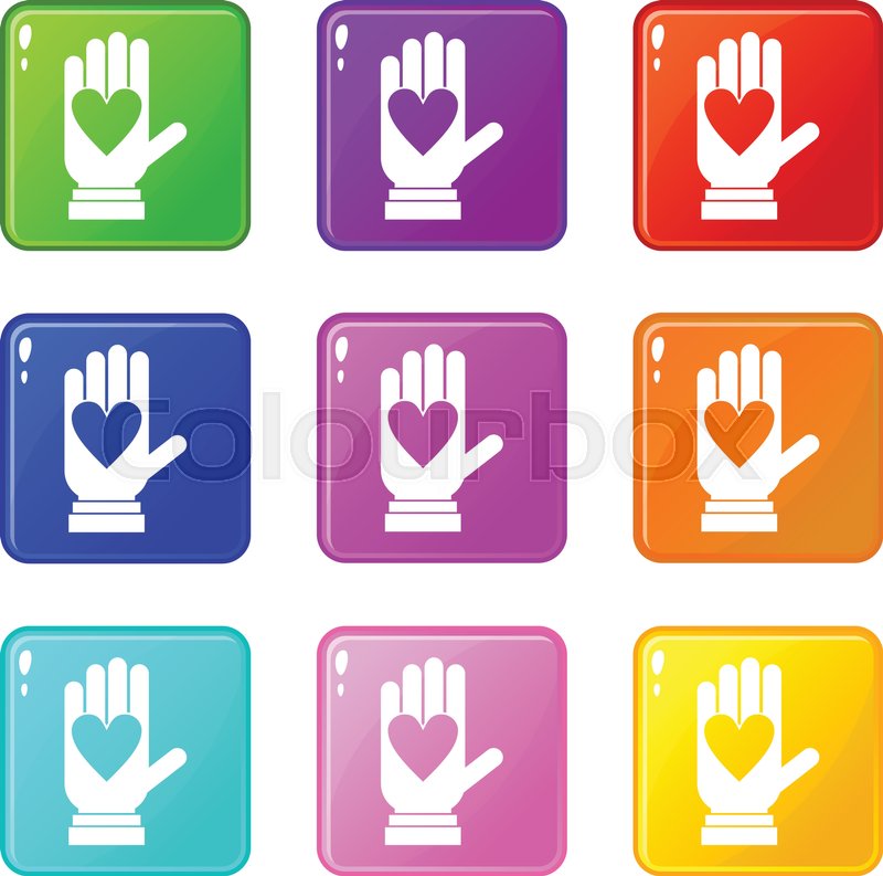 Hand with heart icons of 9 color set ... | Stock vector | Colourbox
