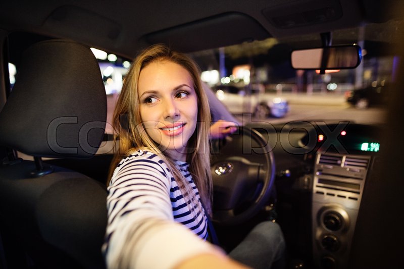Girl Driving Car At Night