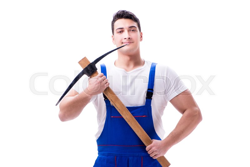 Man with a digging axe hoe on white ... | Stock image | Colourbox