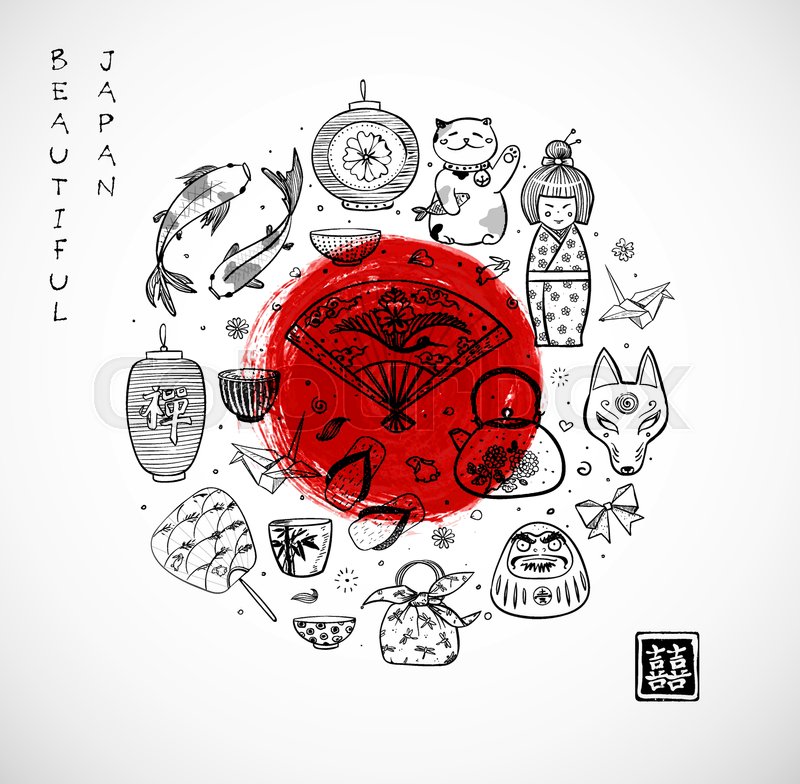Japan doodle sketch elements and big ... | Stock vector | Colourbox