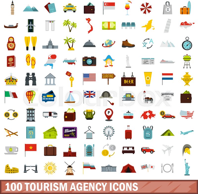 100 tourism agency icons set in flat ... | Stock vector | Colourbox