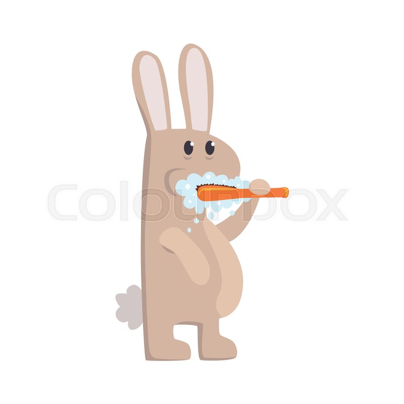 Cute cartoon bunny brushing teeth with ... | Stock vector | Colourbox
