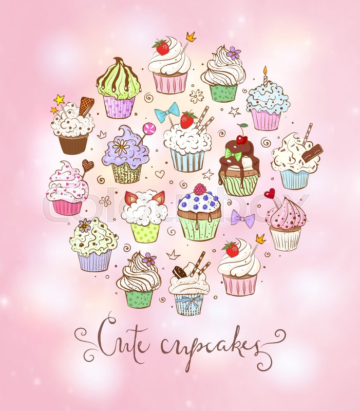 Colored doodle sketch cupcakes with ... | Stock vector | Colourbox