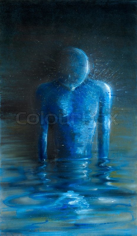 Blue figure standing in water, oil ... | Stock image | Colourbox