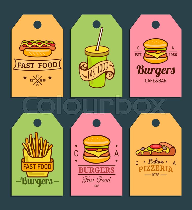 Vector fast food tags. Burgers, hot ... | Stock vector | Colourbox