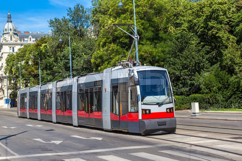 Traditional red electric tram in ... | Stock image | Colourbox