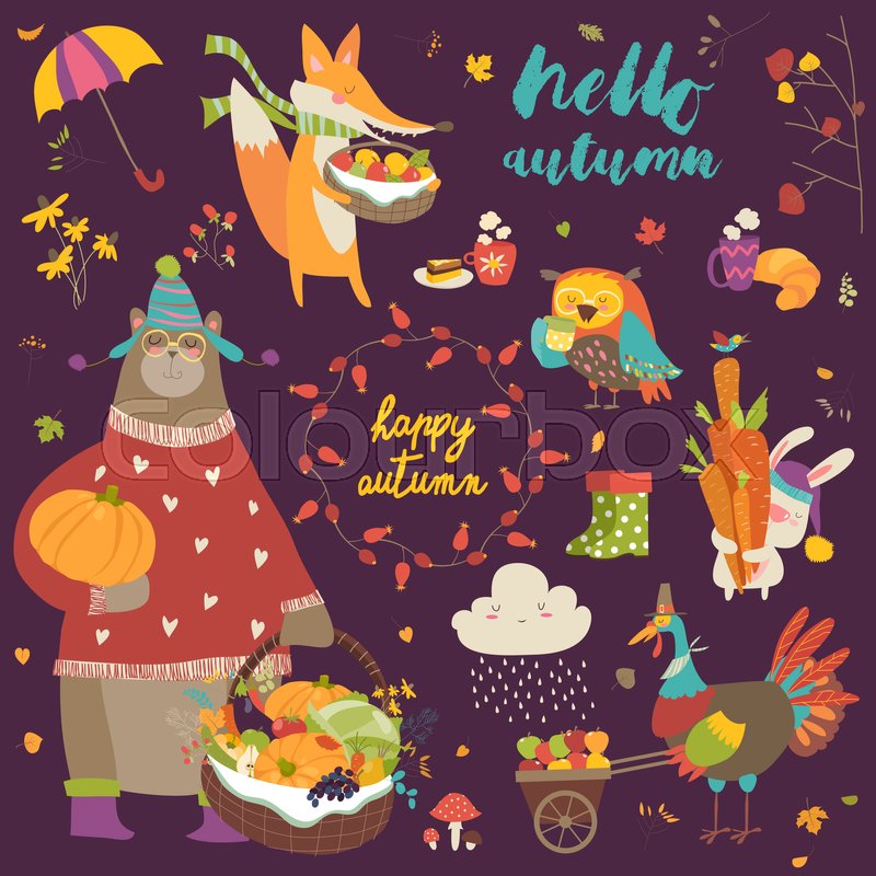 Set of cute autumn cartoon characters, ... | Stock vector | Colourbox