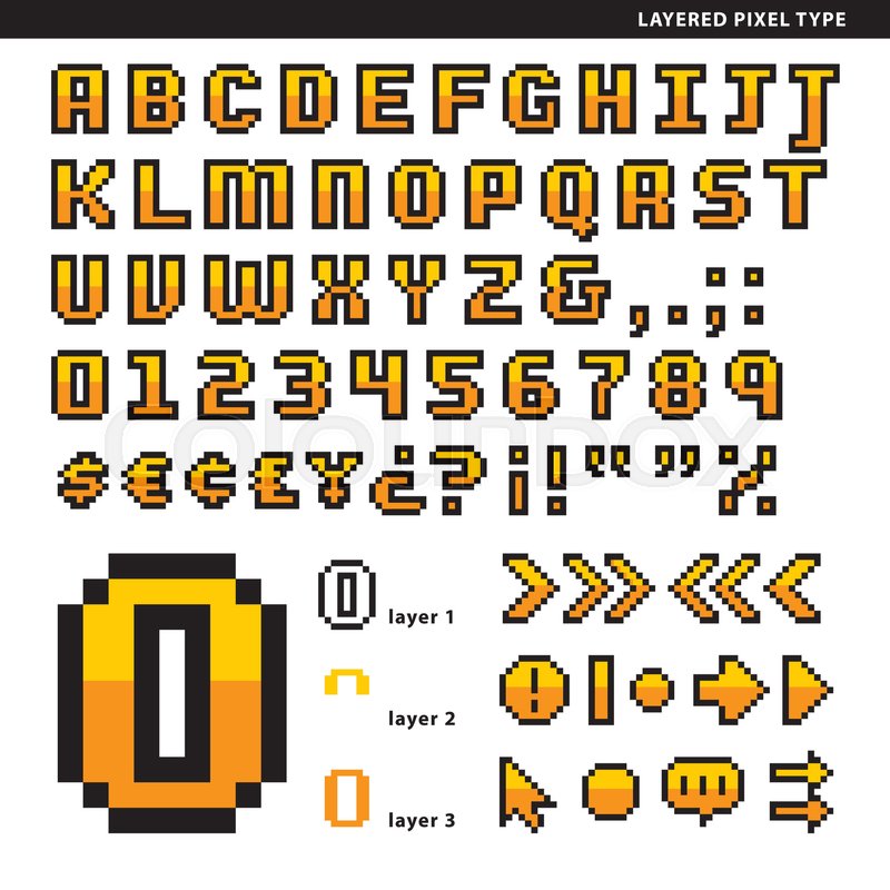 Layered pixel alphabet with symbols ... | Stock vector | Colourbox