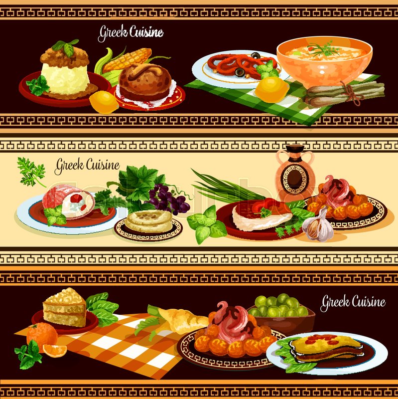 Greek cuisine restaurant banners. Meat ... | Stock vector | Colourbox