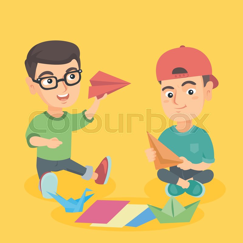 Caucasian children folding paper and ... | Stock vector | Colourbox