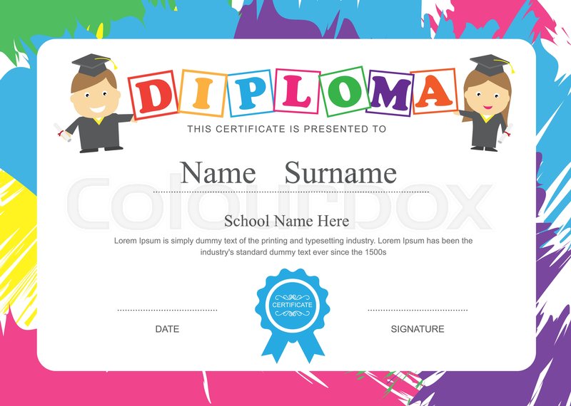 Kids diploma preschool certificate ... | Stock vector | Colourbox