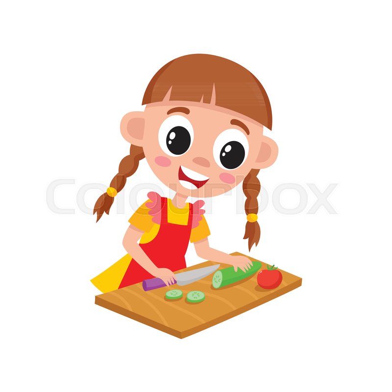 Little girl in apron cooking, cutting, ... | Stock vector | Colourbox