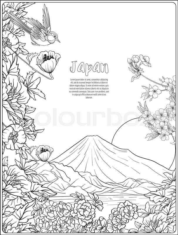 Japanese Landscape with Mount Fuji and tradition flowers and a b ...