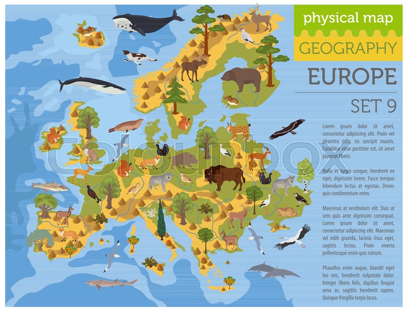 Flat European flora and fauna map ... | Stock vector | Colourbox