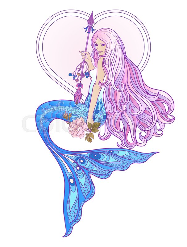 Hand drew mermaid with long pink hair. ... | Stock vector | Colourbox