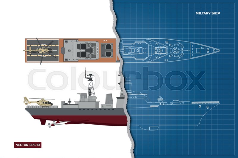 Blueprint of military ship. Top and ... | Stock vector | Colourbox