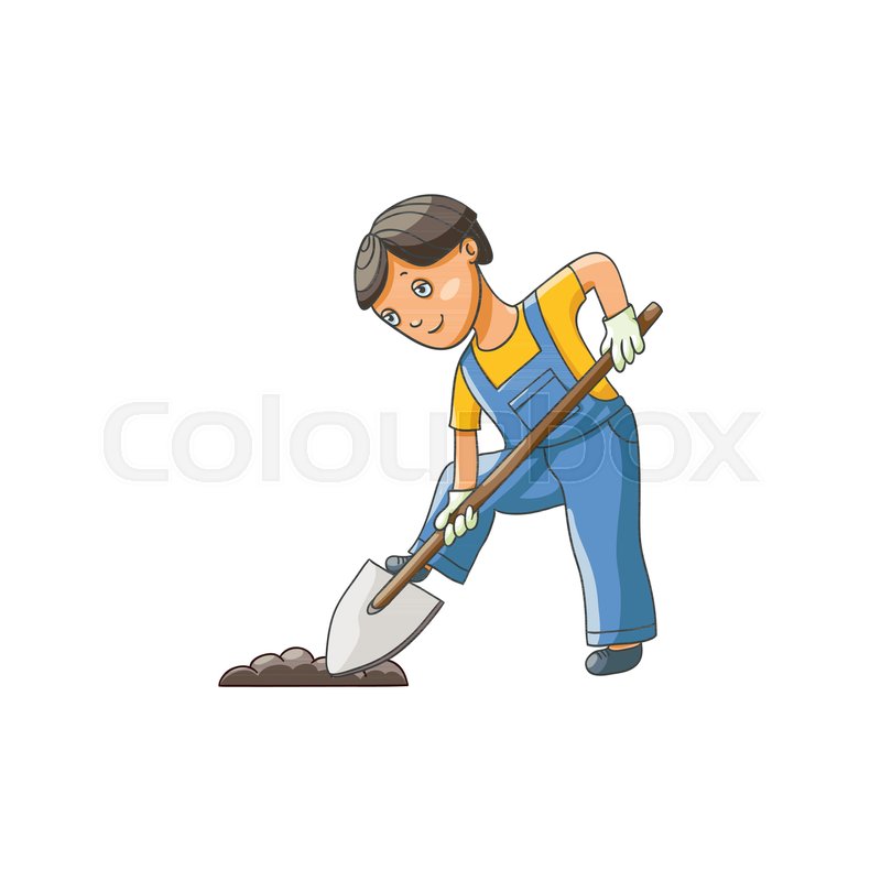 vector flat boy digging hole for a plant | Stock vector | Colourbox