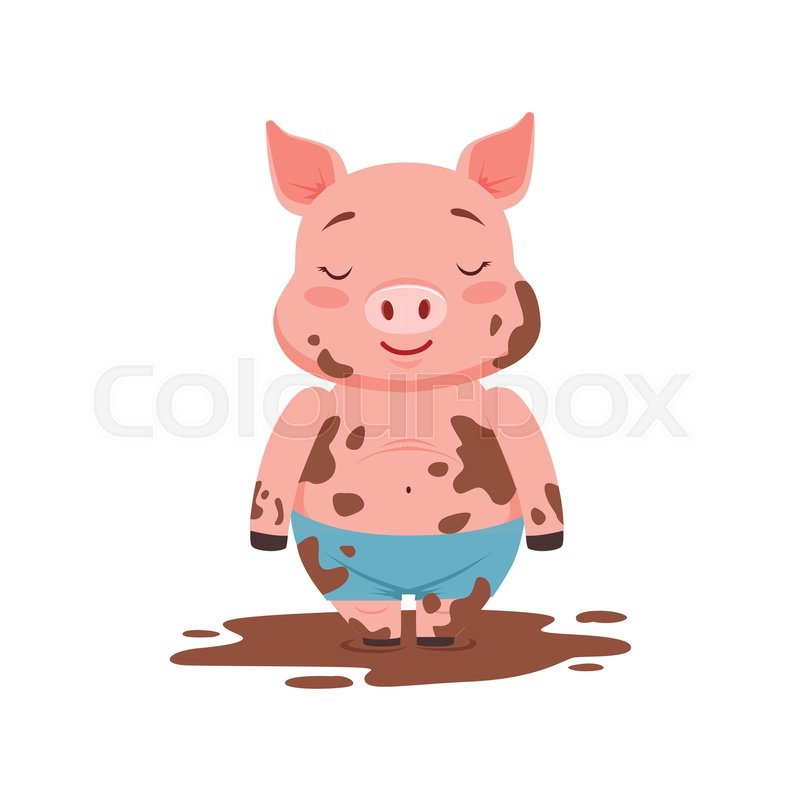 Cute happy pig standing in a dirty ... | Stock vector | Colourbox
