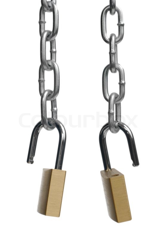 Two open padlock and chain isolated on ... | Stock image | Colourbox