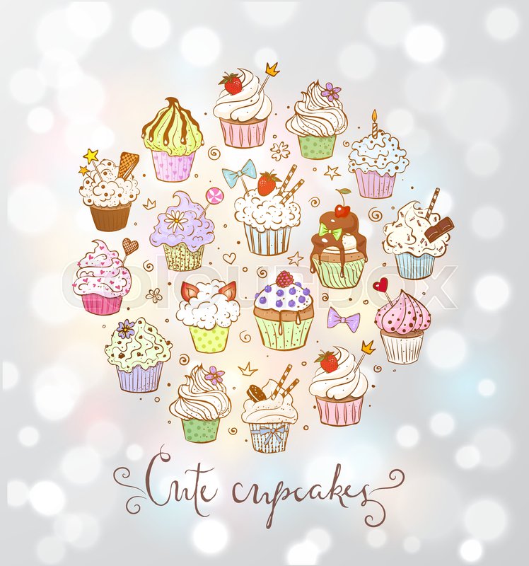 Doodle sketch cupcakes with ... | Stock vector | Colourbox