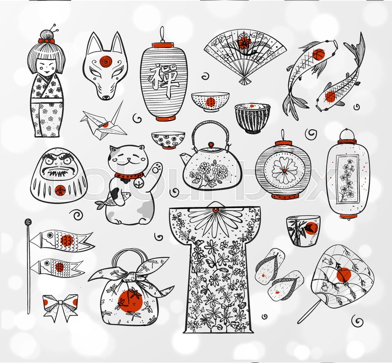 Japan doodle sketch elements on white ... | Stock vector | Colourbox