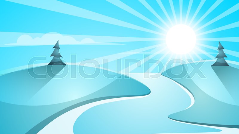 Cartoon snow landscape. Sun, snow, fir ... | Stock vector | Colourbox